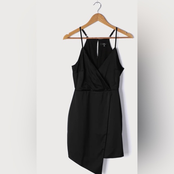 Lulus | Dresses | What A Stunner Black Satin Asymmetrical Mini Dress ...
